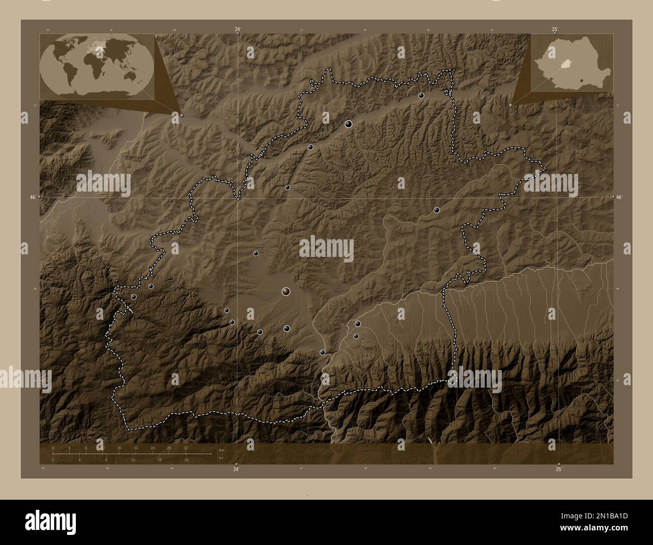 Sibiu, county of Romania. Elevation map colored in sepia tones with ...