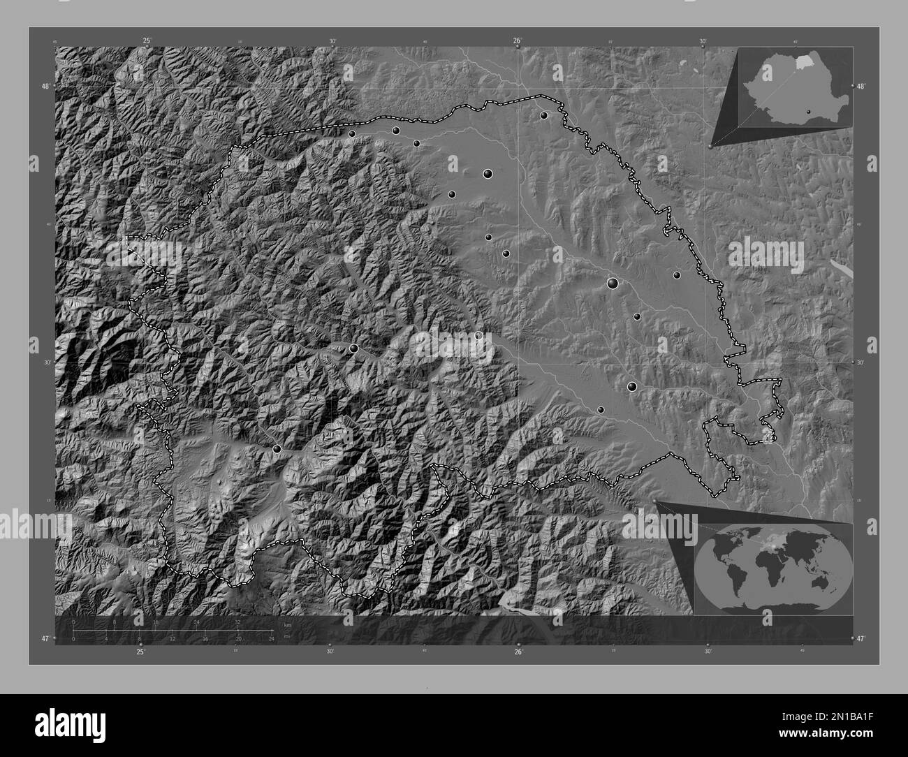 Suceava, county of Romania. Bilevel elevation map with lakes and rivers ...