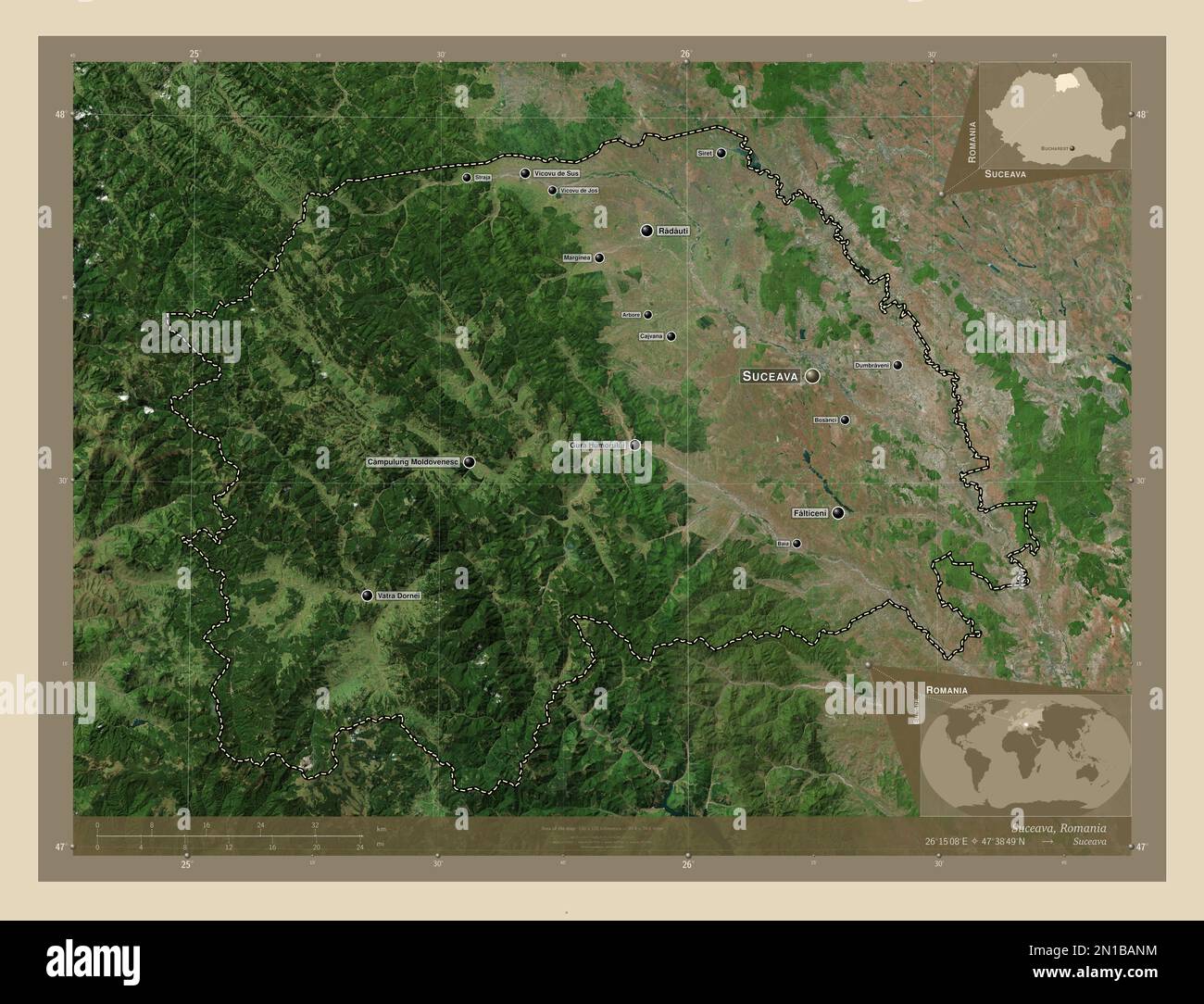 Suceava, county of Romania. High resolution satellite map. Locations ...