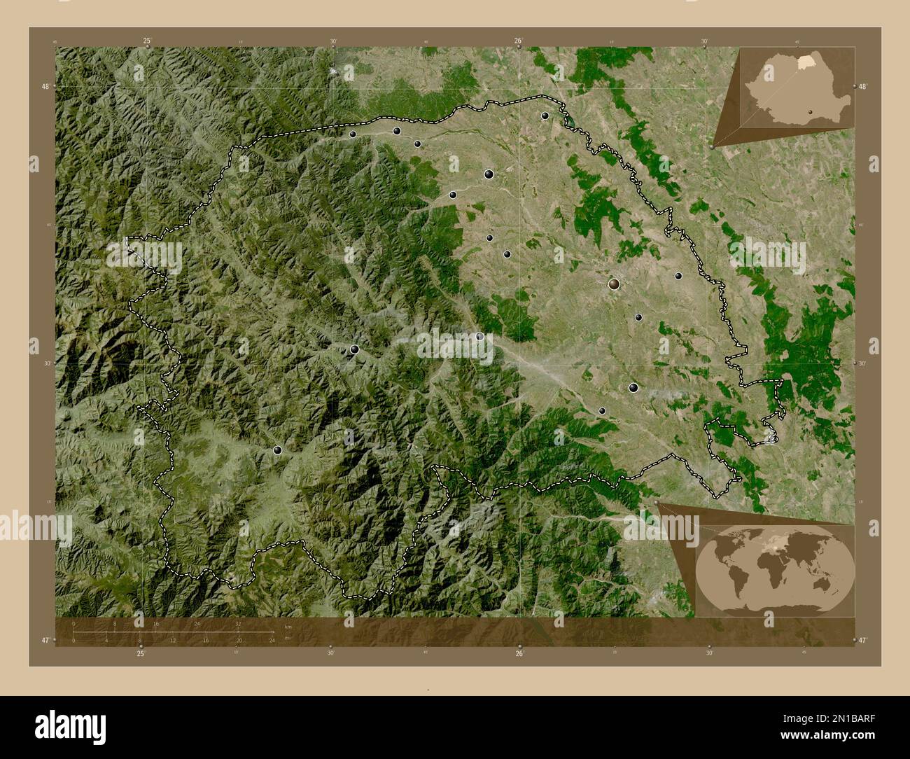 Suceava, county of Romania. Low resolution satellite map. Locations of ...