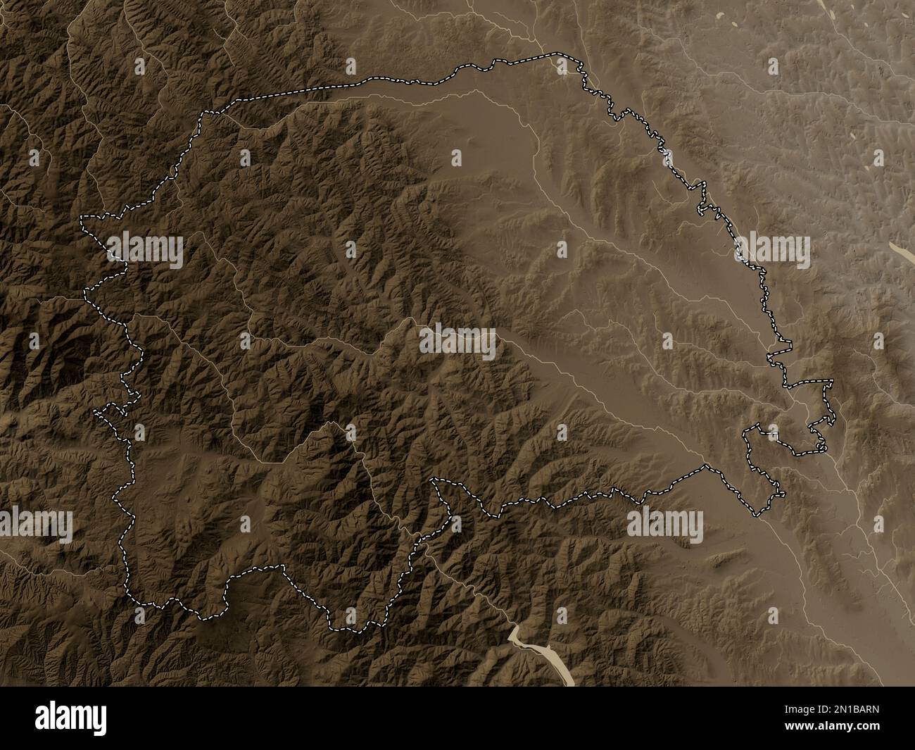 Suceava, county of Romania. Elevation map colored in sepia tones with ...
