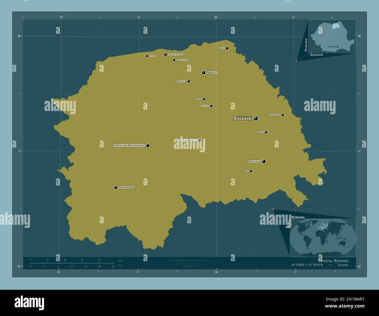 Suceava, county of Romania. Solid color shape. Locations and names of ...
