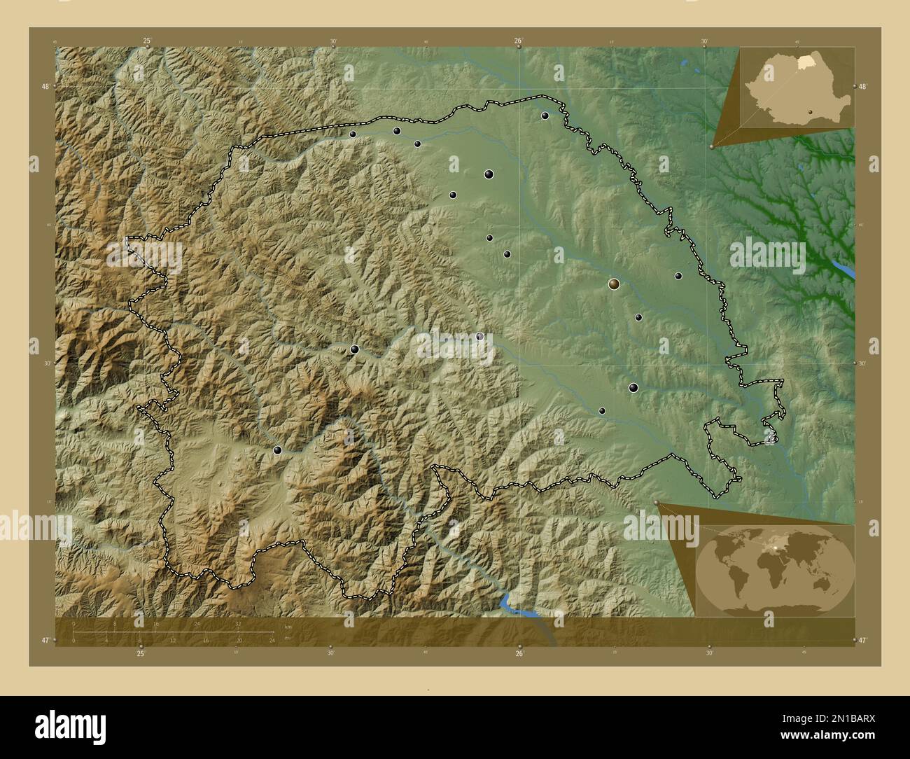 Suceava, county of Romania. Colored elevation map with lakes and rivers ...