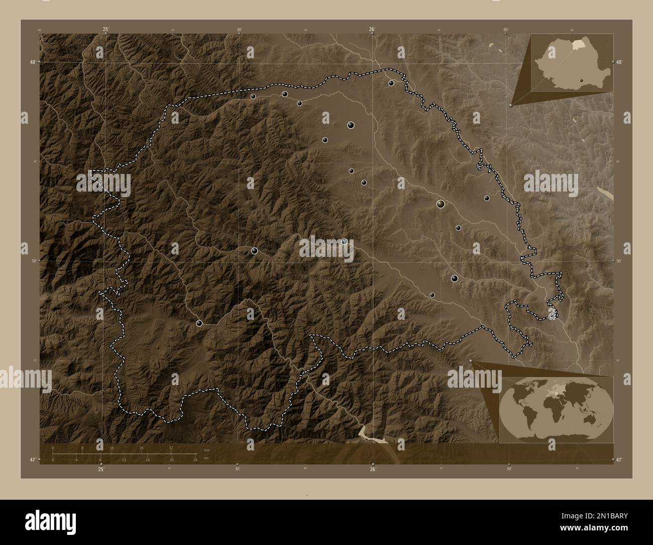 Suceava, county of Romania. Elevation map colored in sepia tones with ...