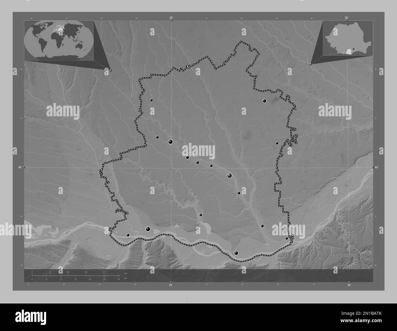 Teleorman, county of Romania. Grayscale elevation map with lakes and ...