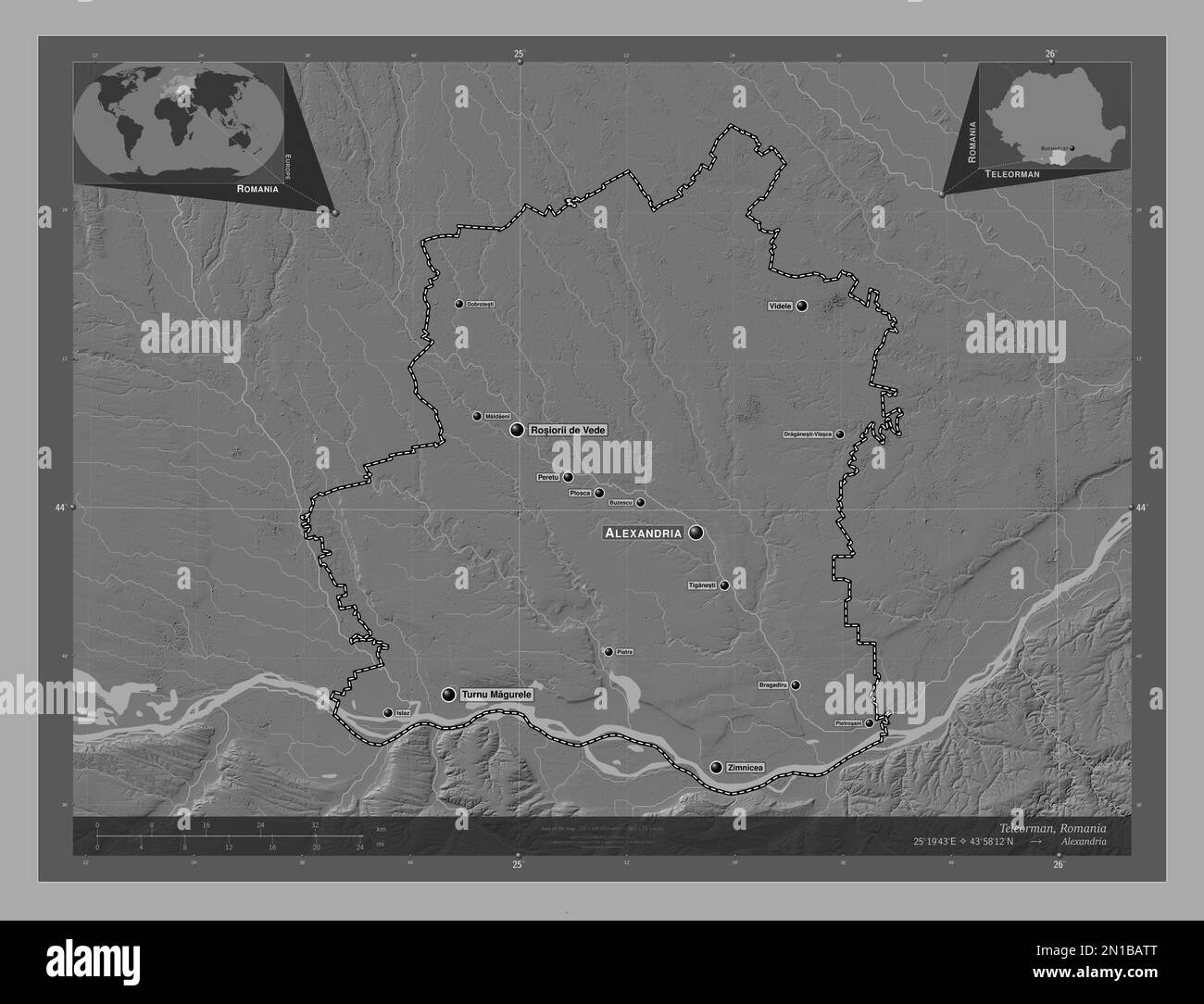 Teleorman, county of Romania. Bilevel elevation map with lakes and ...