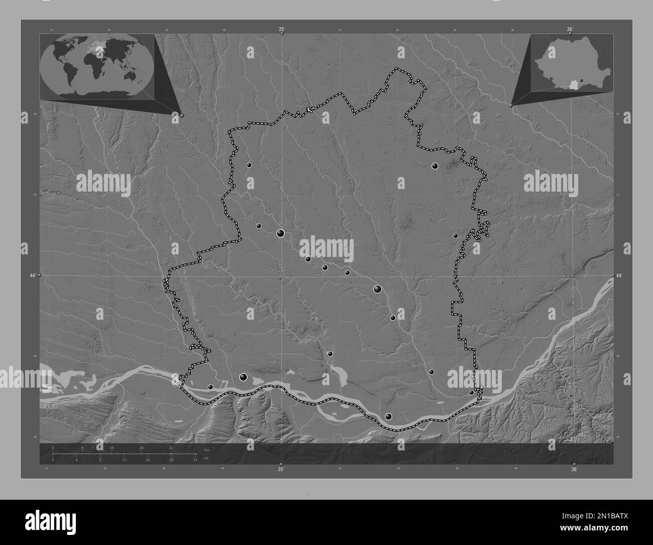 Teleorman, county of Romania. Bilevel elevation map with lakes and ...