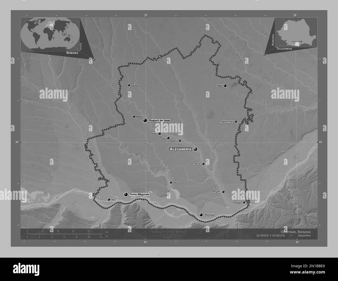 Teleorman, county of Romania. Grayscale elevation map with lakes and ...