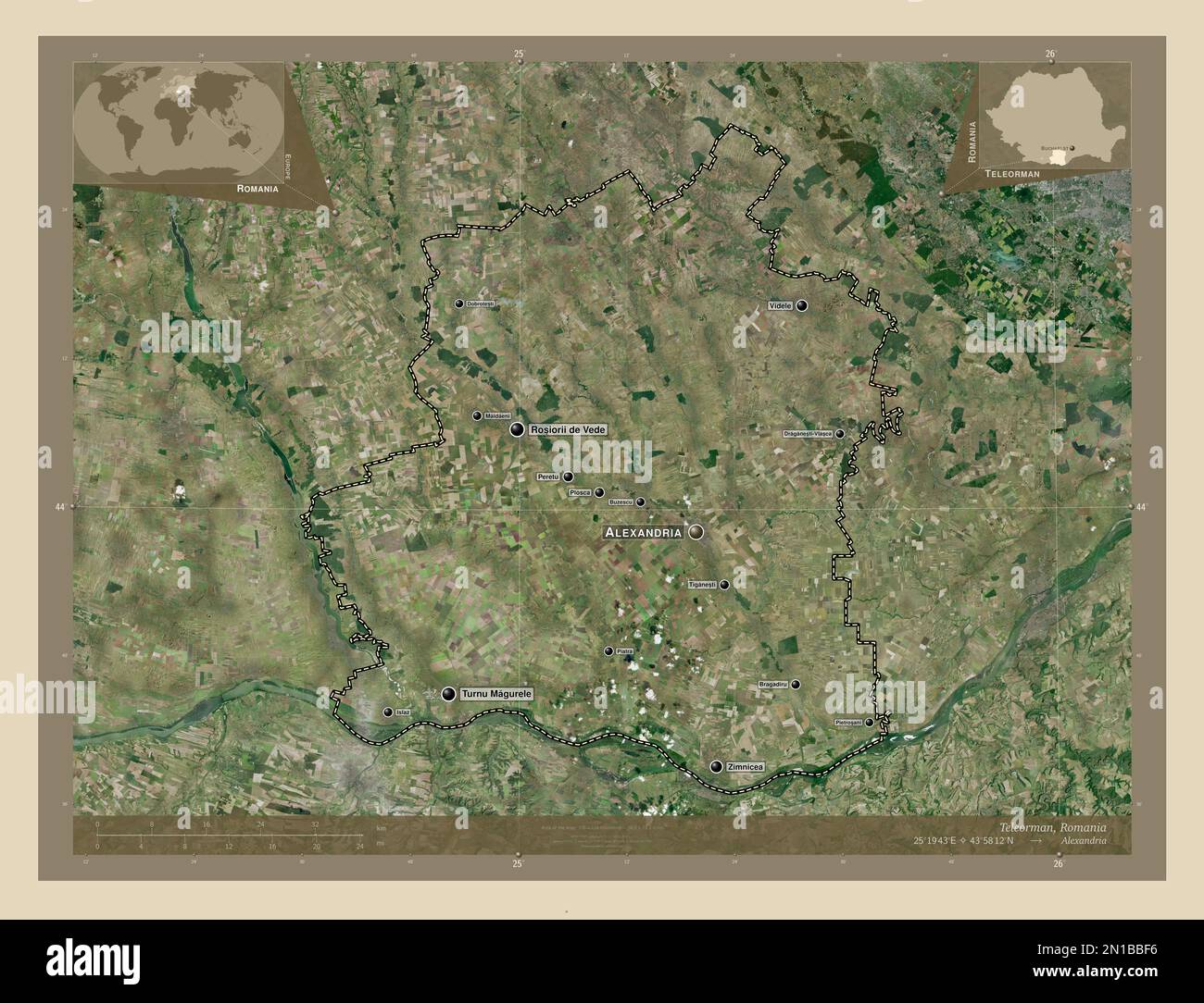 Teleorman, county of Romania. High resolution satellite map. Locations ...