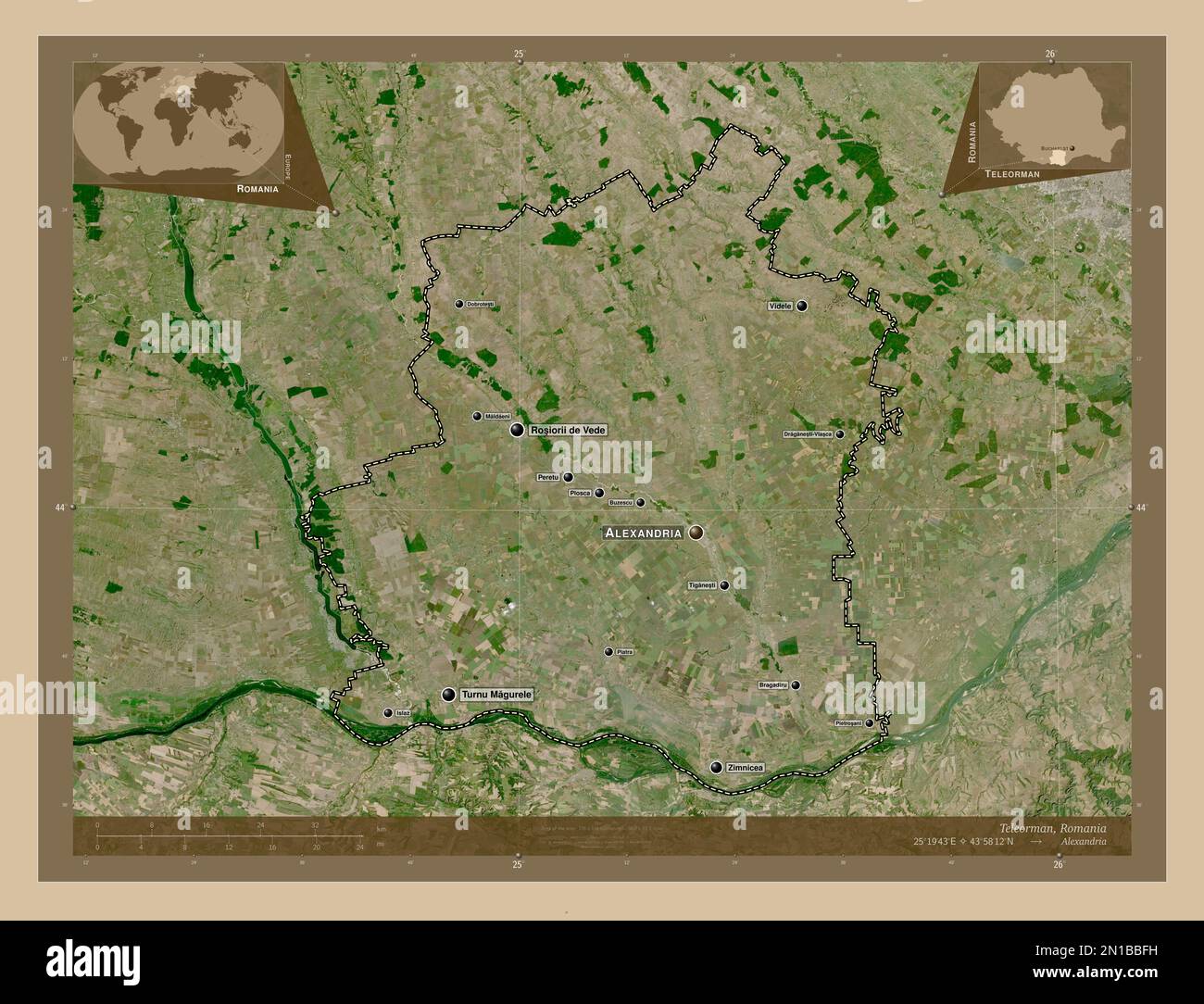 Teleorman, county of Romania. Low resolution satellite map. Locations ...