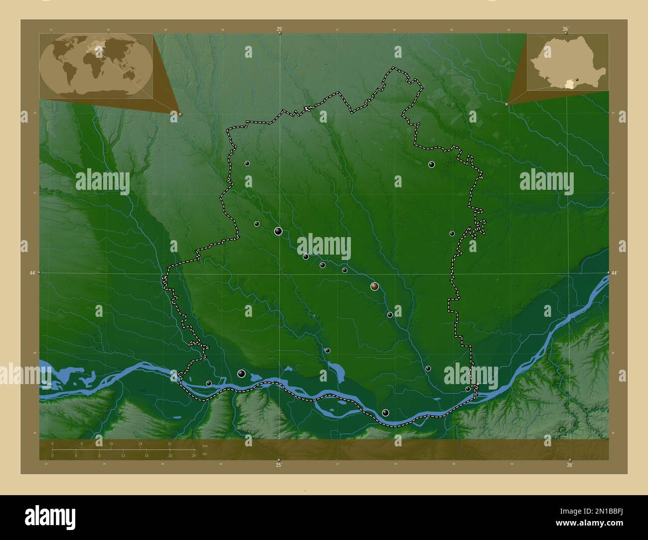 Teleorman, county of Romania. Colored elevation map with lakes and ...