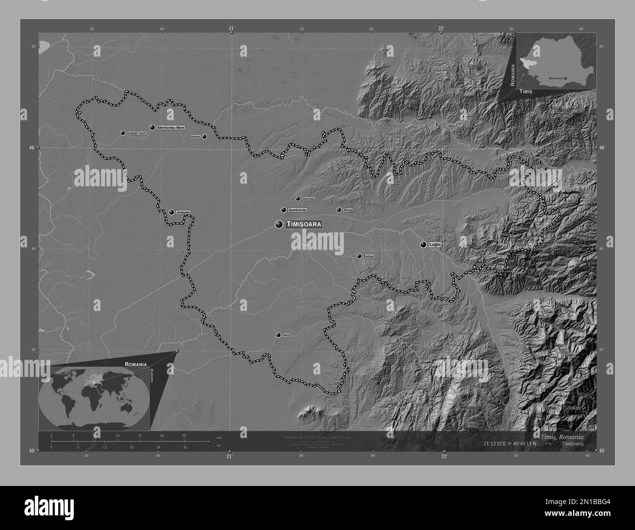Timis, county of Romania. Bilevel elevation map with lakes and rivers ...