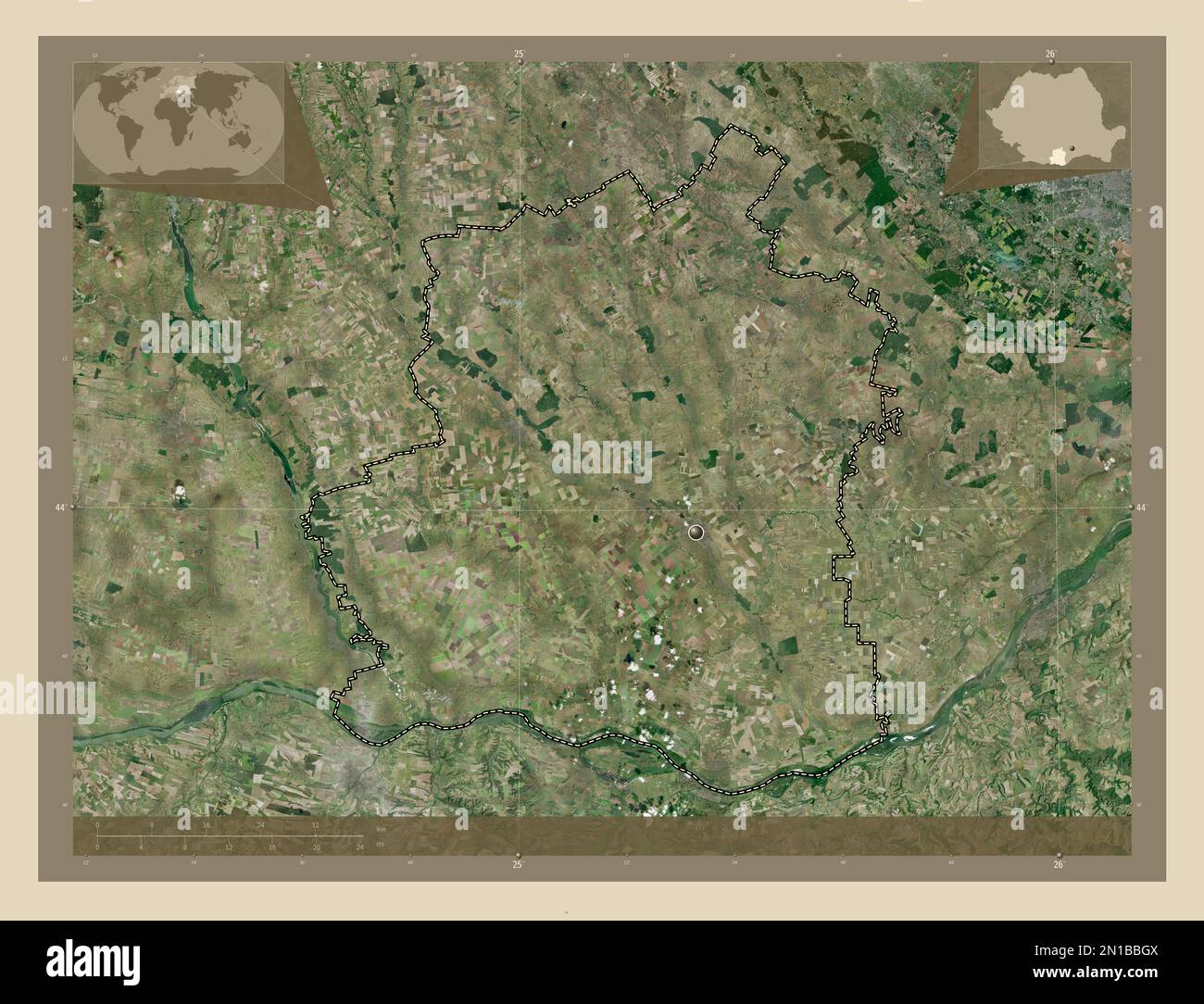 Teleorman, county of Romania. High resolution satellite map. Corner ...