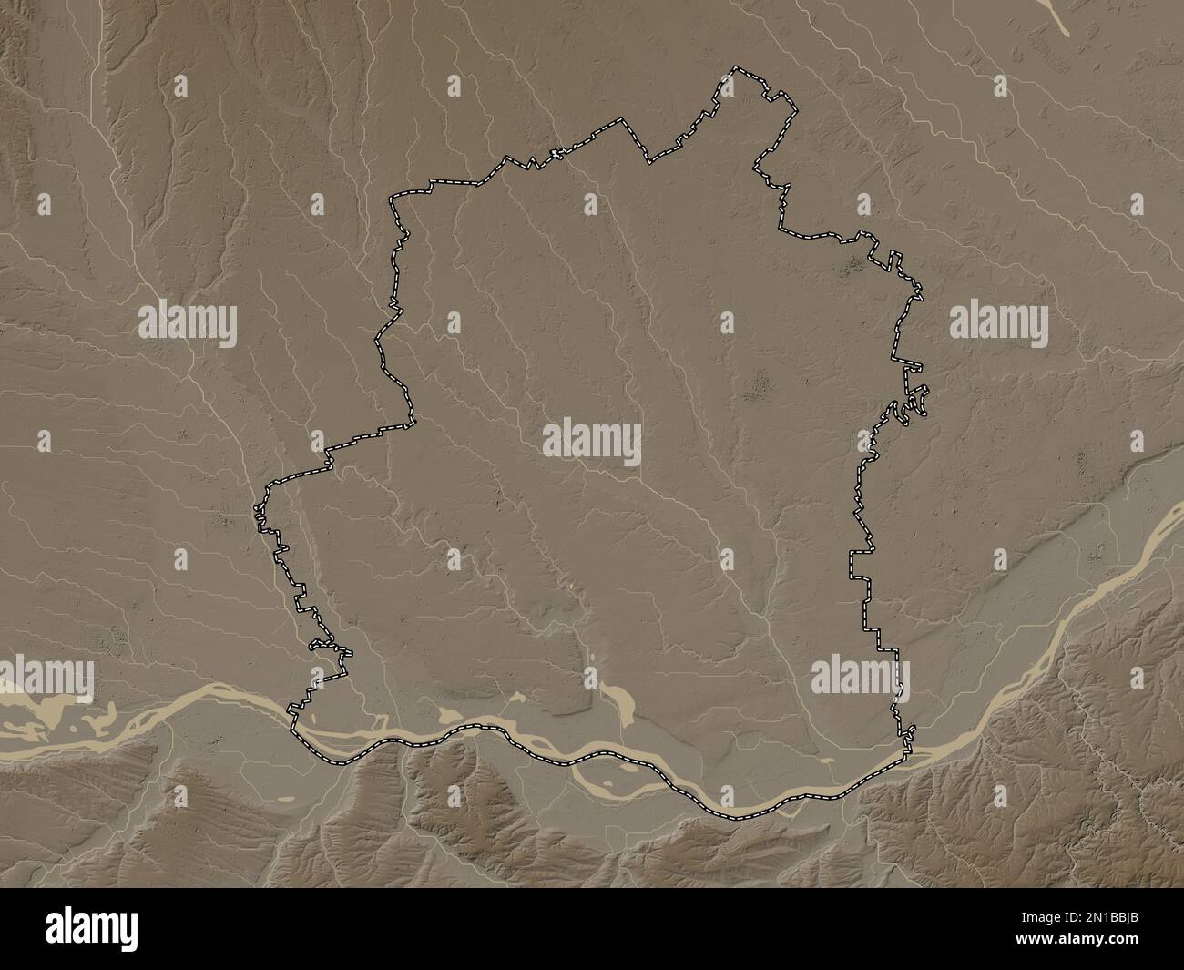 Teleorman, county of Romania. Elevation map colored in sepia tones with ...
