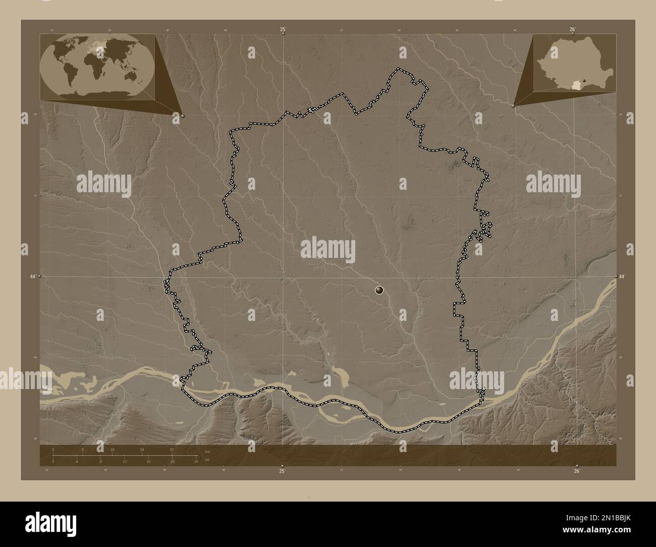 Teleorman, county of Romania. Elevation map colored in sepia tones with ...