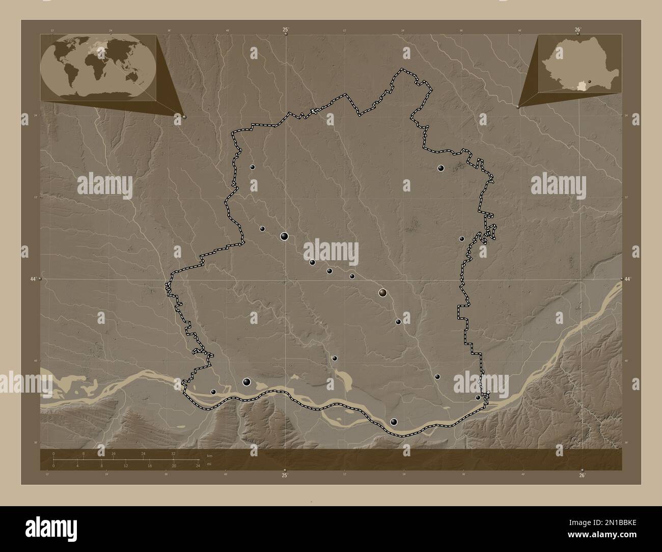 Teleorman, county of Romania. Elevation map colored in sepia tones with ...