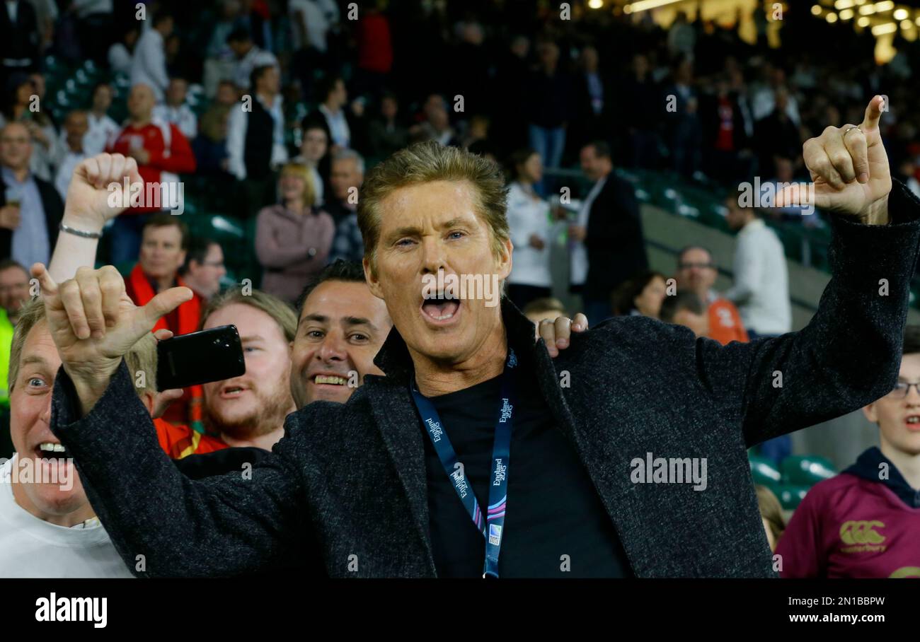 David Hasselhoff gestures to the camera ahead of the Rugby World Cup ...