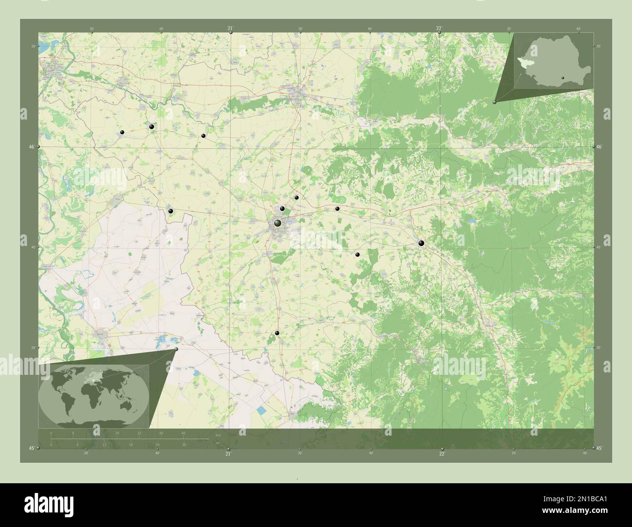 Timis, county of Romania. Open Street Map. Locations of major cities of ...
