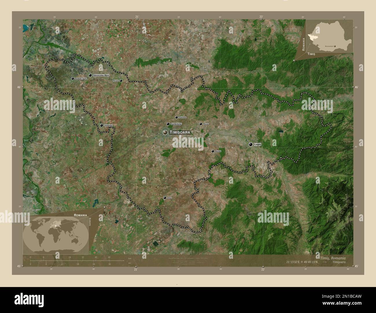 Timis, county of Romania. High resolution satellite map. Locations and ...