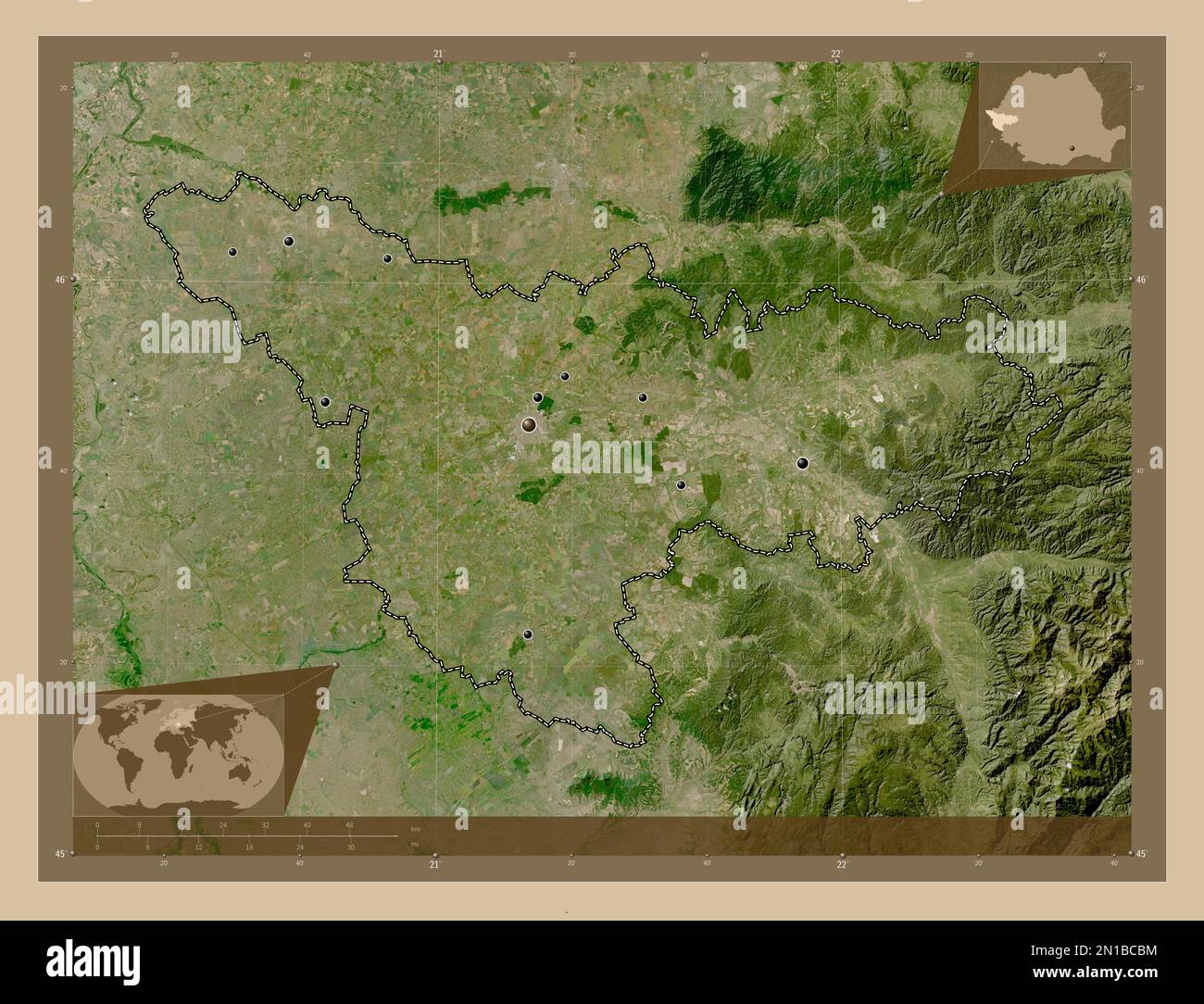 Timis, county of Romania. Low resolution satellite map. Locations of ...