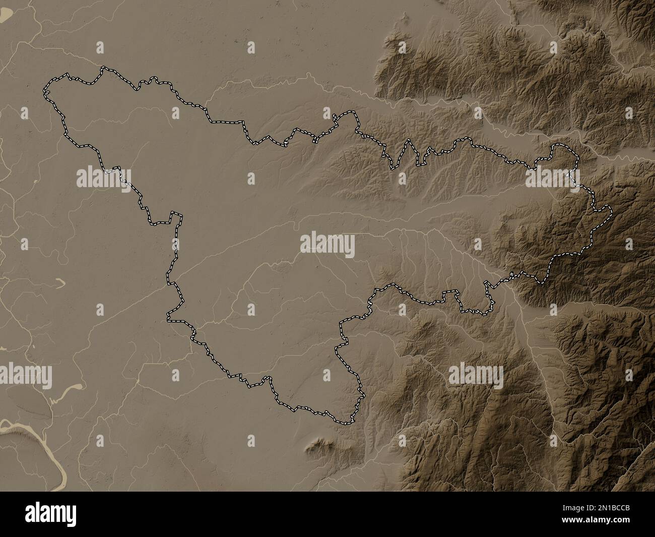 Timis, county of Romania. Elevation map colored in sepia tones with ...