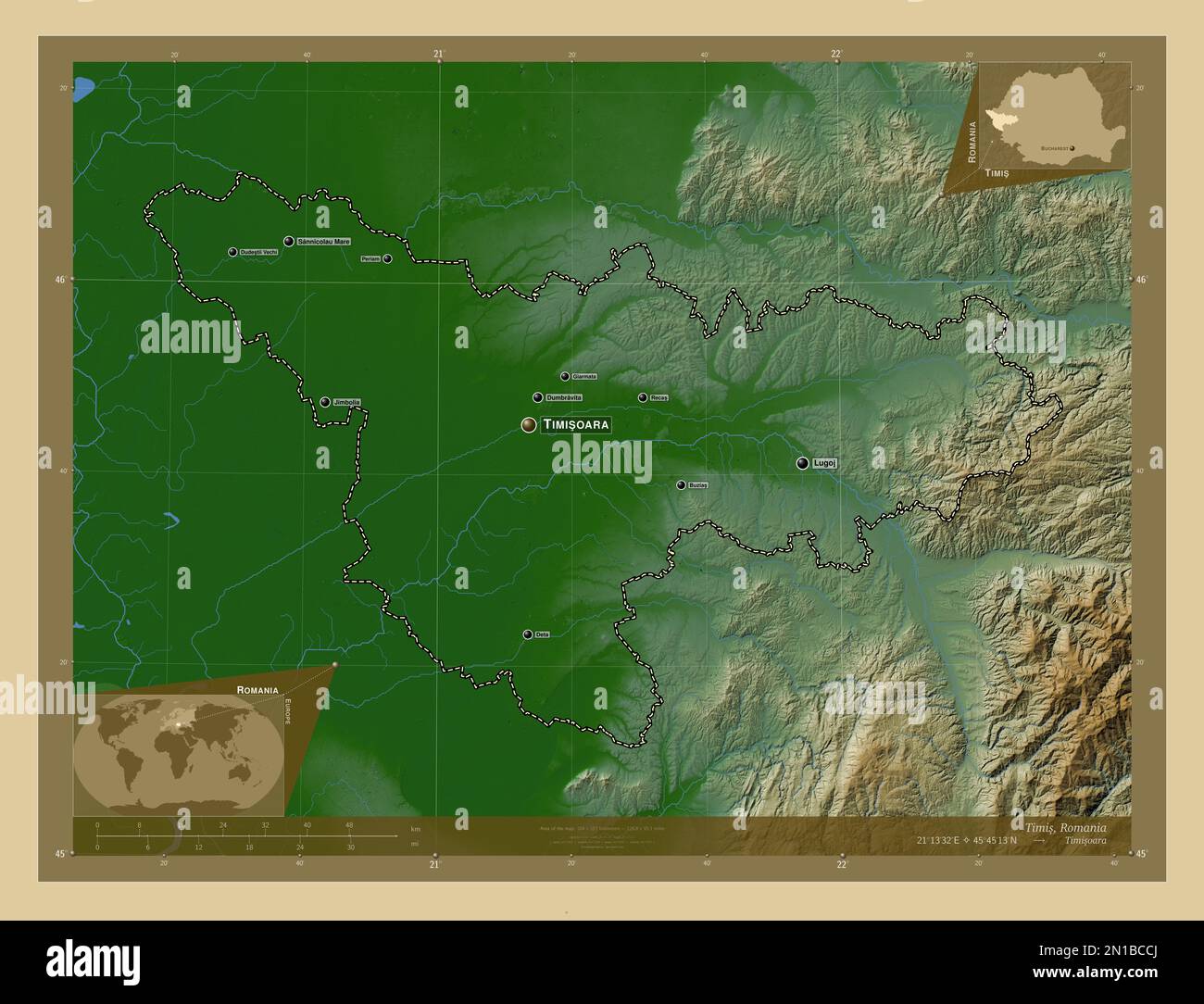 Timis, county of Romania. Colored elevation map with lakes and rivers ...