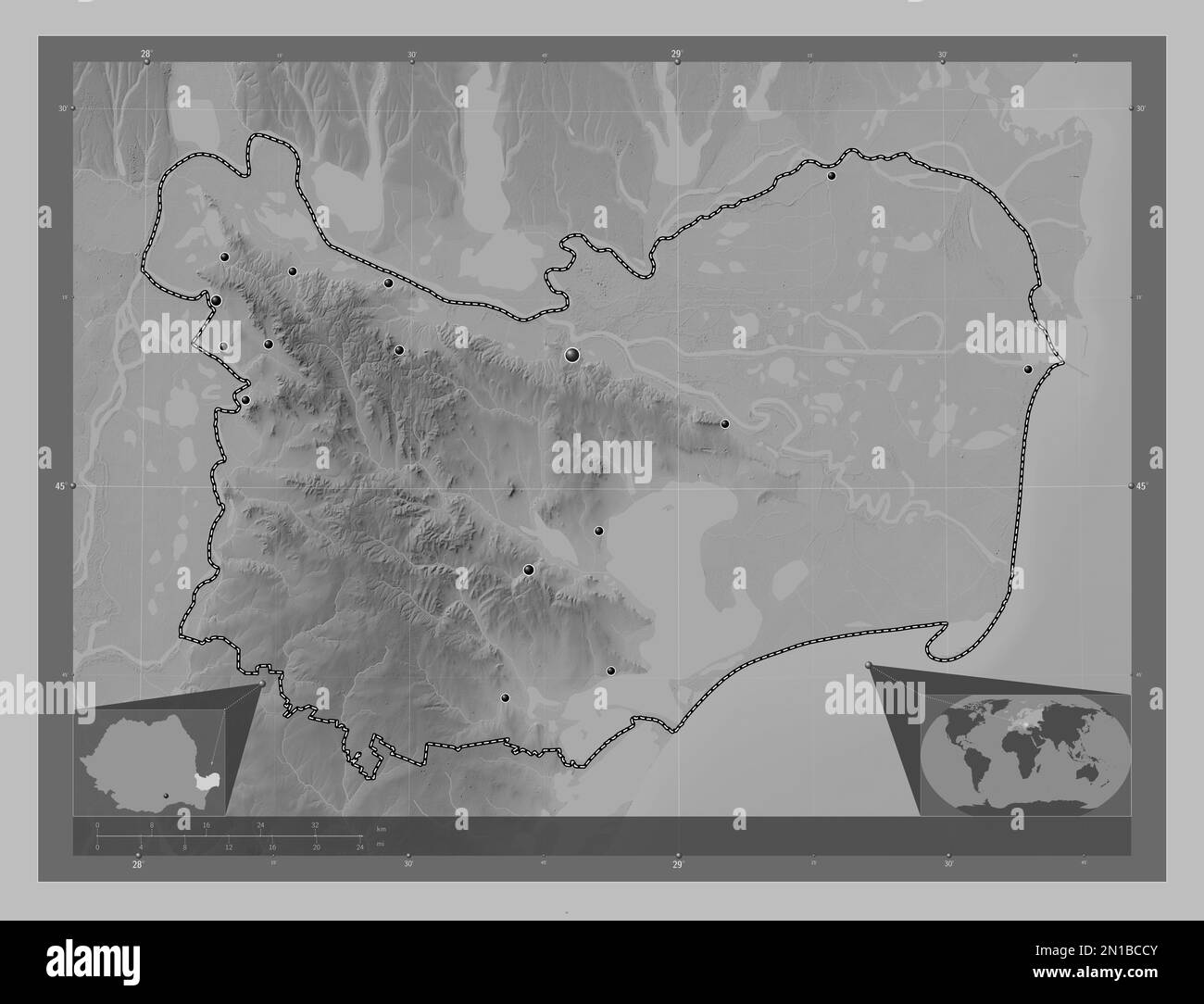 Tulcea, county of Romania. Grayscale elevation map with lakes and ...
