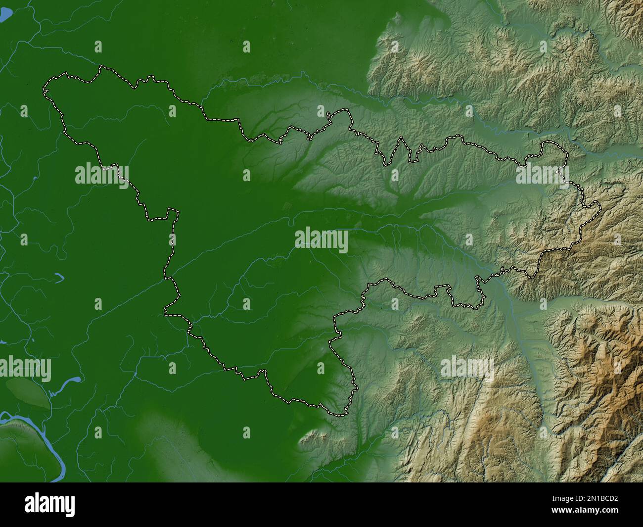 Timis, county of Romania. Colored elevation map with lakes and rivers ...