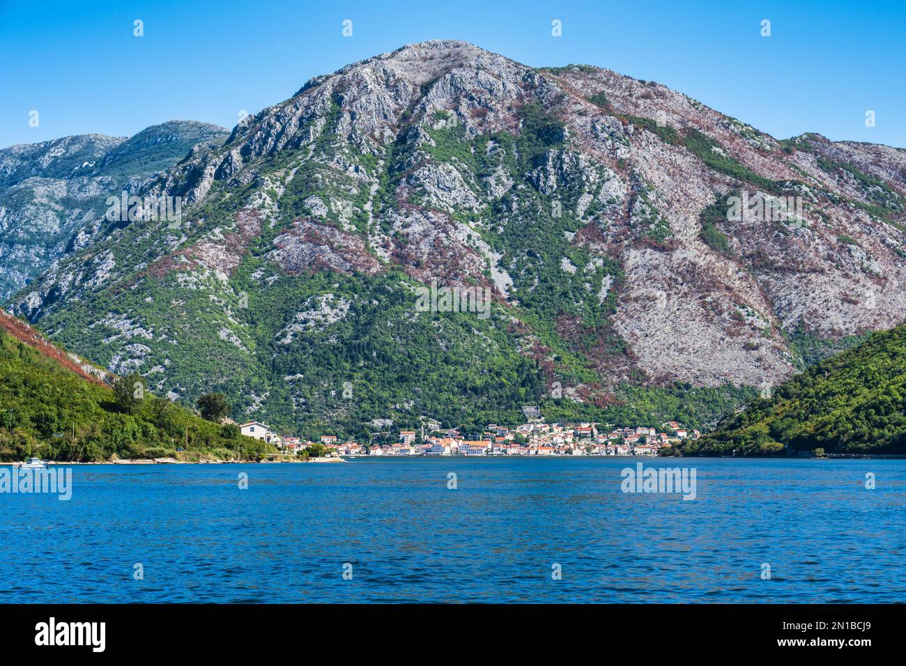 The Verige Strait, the narrowest part of the Bay of Kotor, with distant ...