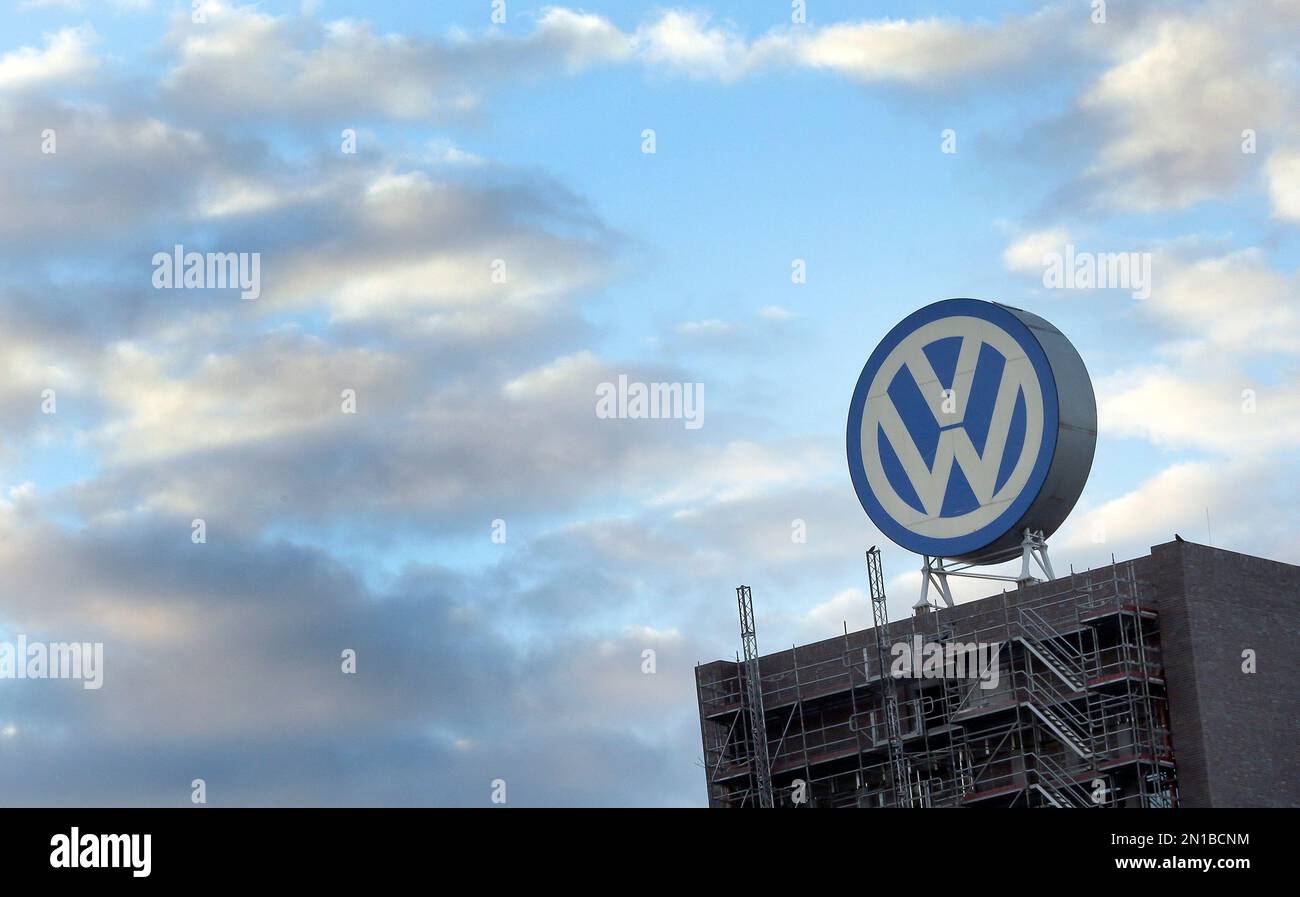 A giant logo of the German car manufacturer Volkswagen is pictured on ...