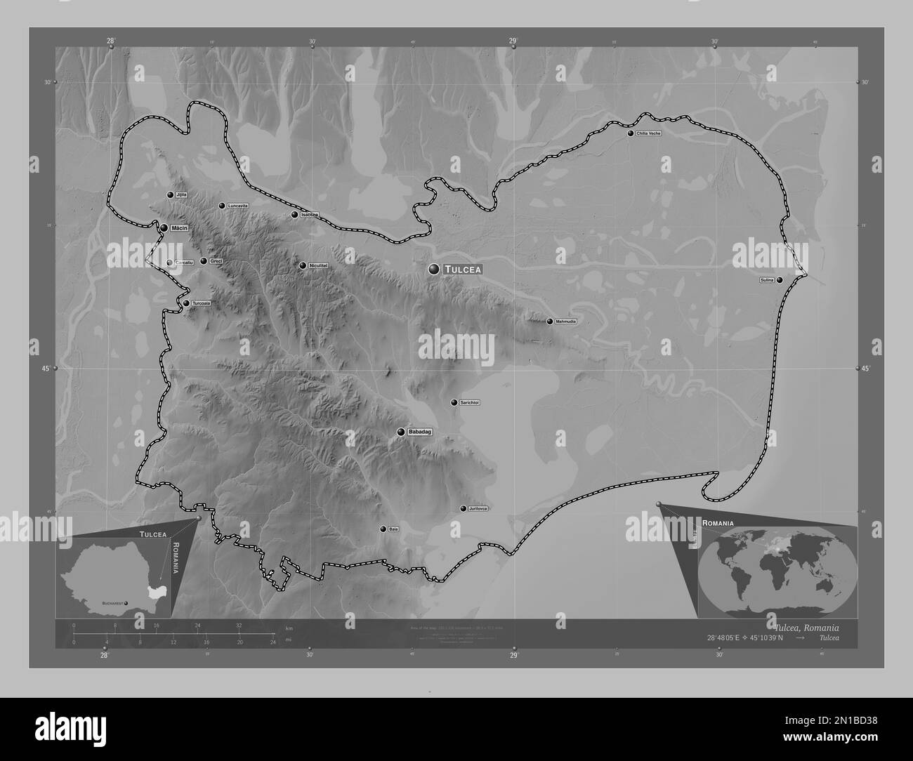 Tulcea, county of Romania. Grayscale elevation map with lakes and ...