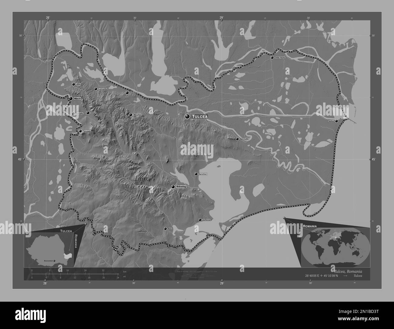 Tulcea, county of Romania. Bilevel elevation map with lakes and rivers ...