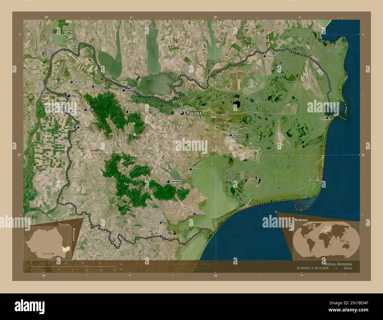 Tulcea, county of Romania. Low resolution satellite map. Locations and ...