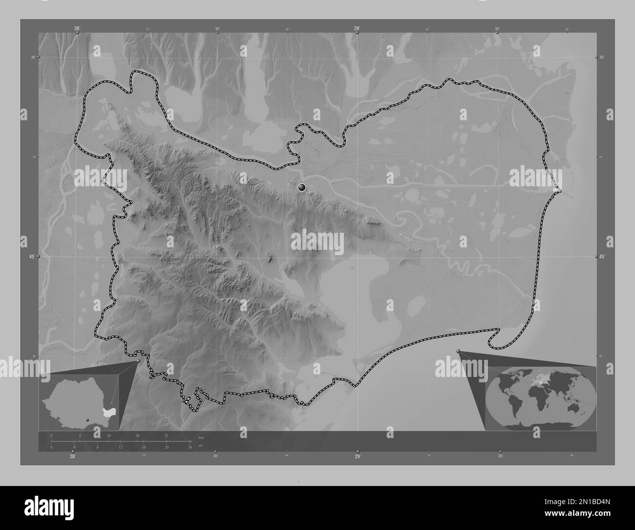 Tulcea, county of Romania. Grayscale elevation map with lakes and ...