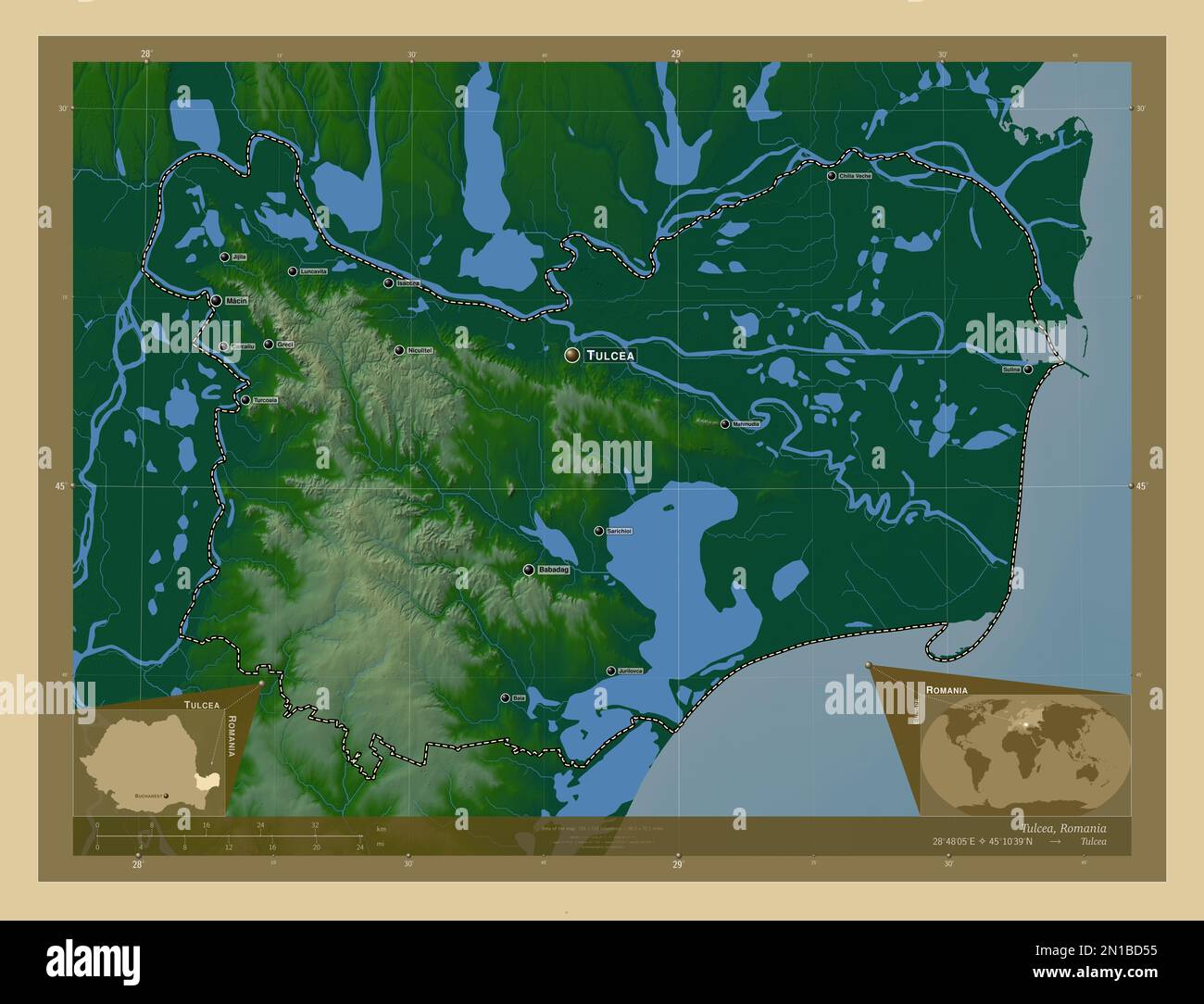 Tulcea, county of Romania. Colored elevation map with lakes and rivers ...