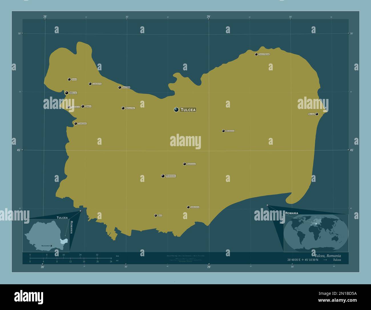 Tulcea, county of Romania. Solid color shape. Locations and names of ...