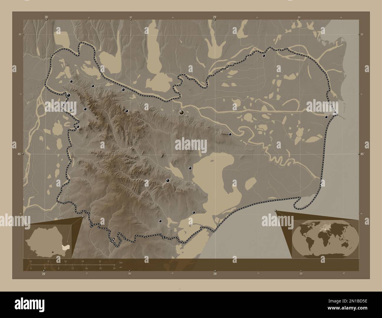 Tulcea, county of Romania. Elevation map colored in sepia tones with ...