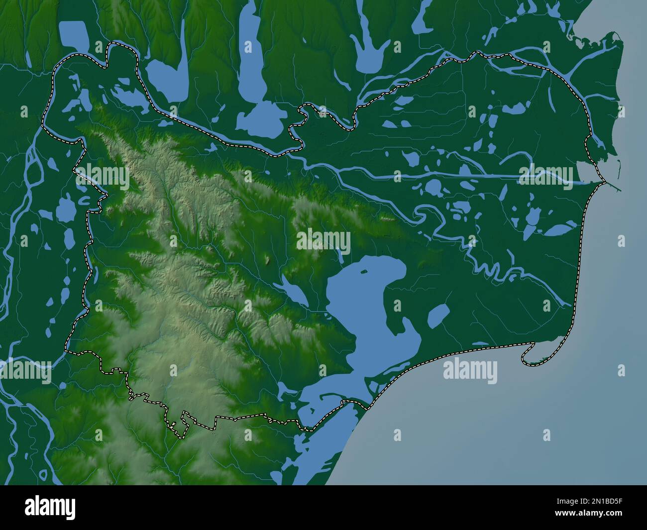 Tulcea, county of Romania. Colored elevation map with lakes and rivers ...