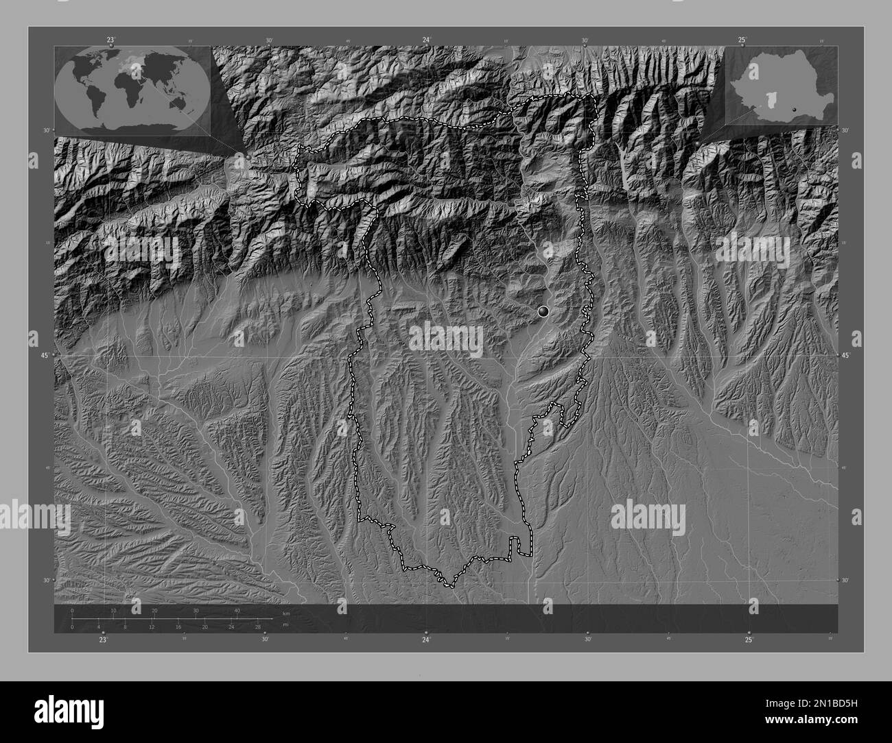Valcea, county of Romania. Bilevel elevation map with lakes and rivers ...