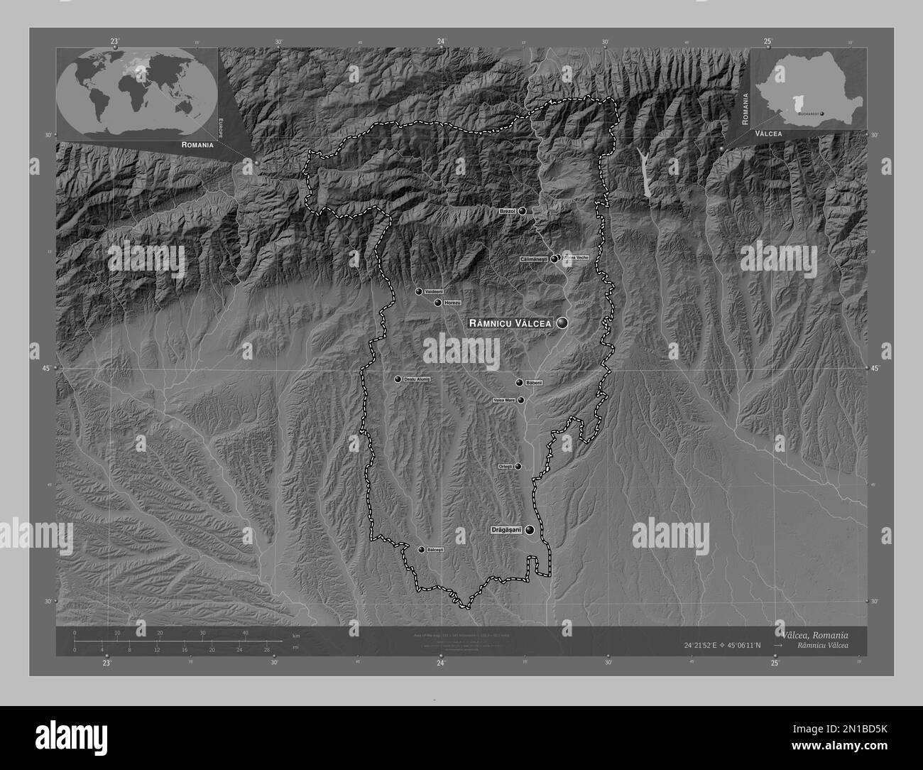 Valcea, county of Romania. Grayscale elevation map with lakes and ...