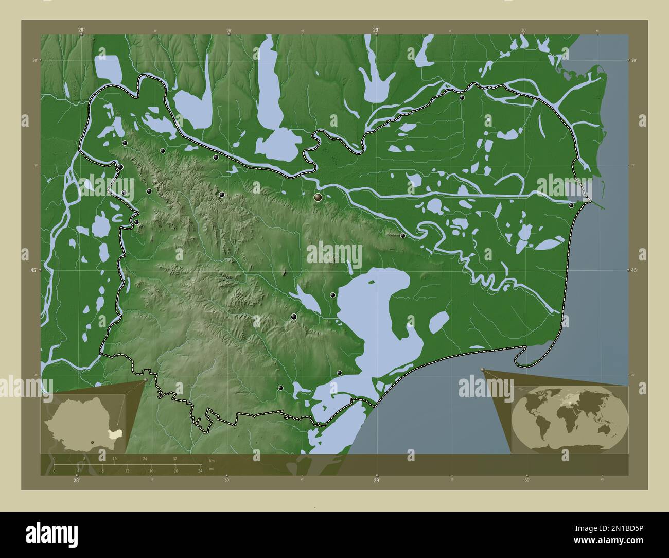 Tulcea, county of Romania. Elevation map colored in wiki style with ...