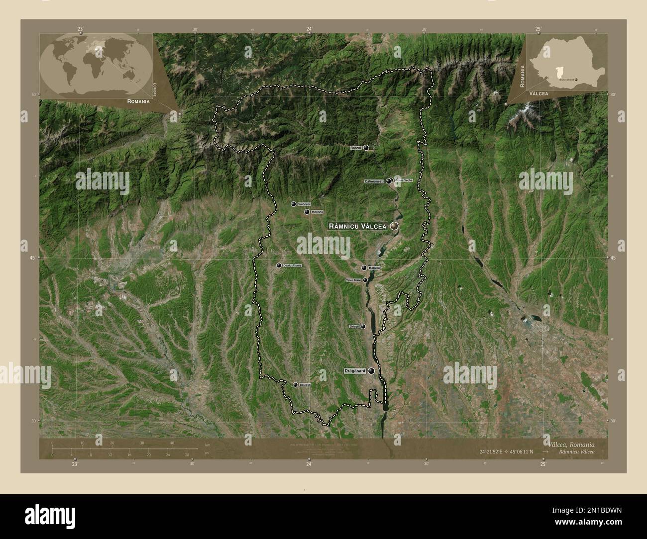 Valcea, county of Romania. High resolution satellite map. Locations and ...