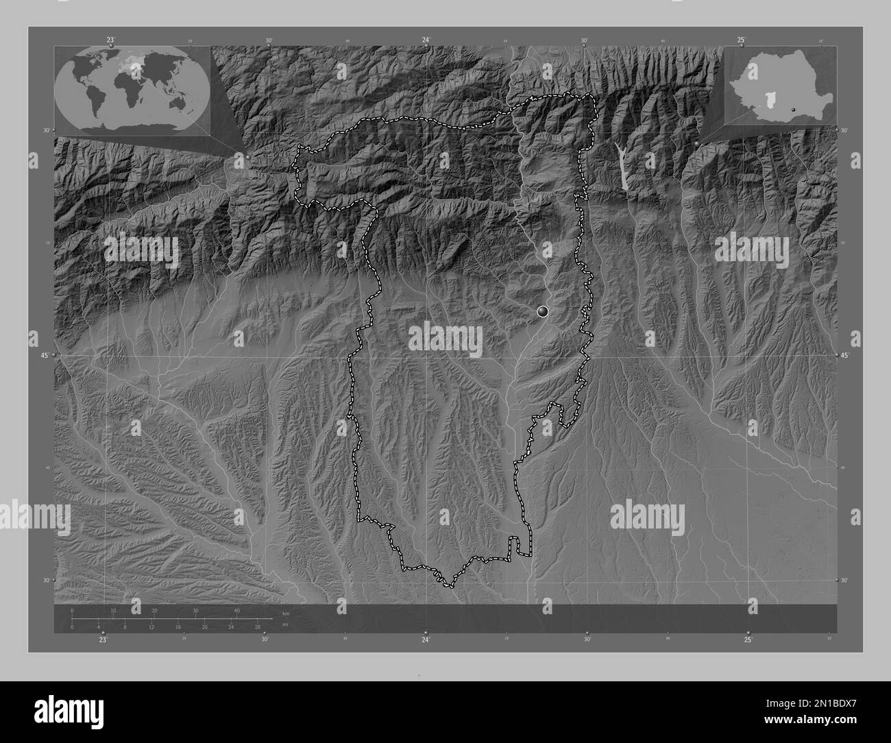 Valcea, county of Romania. Grayscale elevation map with lakes and ...