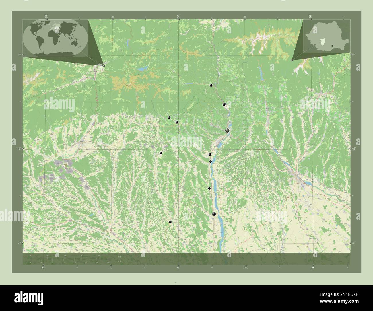Valcea, county of Romania. Open Street Map. Locations of major cities ...