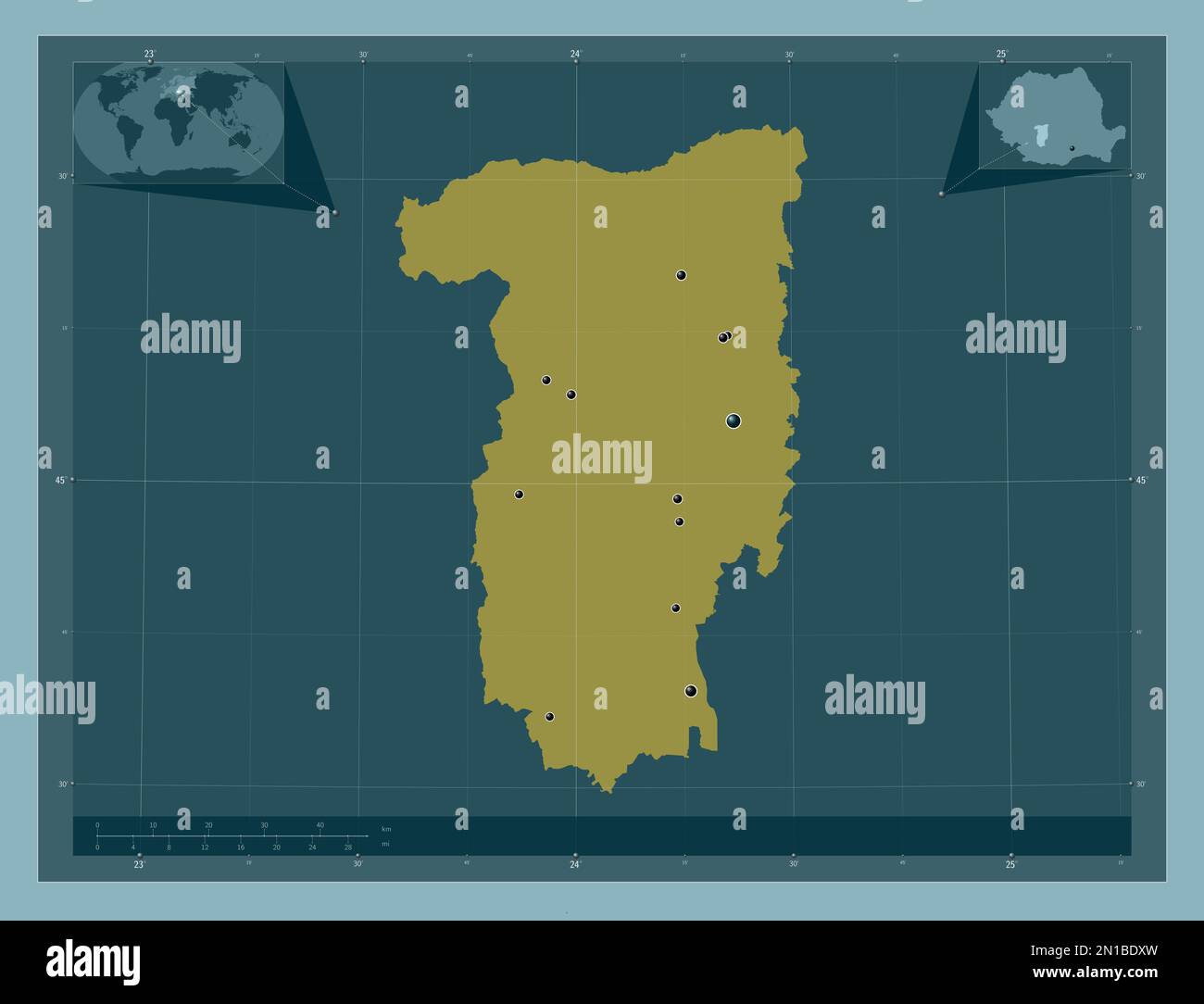 Valcea, county of Romania. Solid color shape. Locations of major cities ...