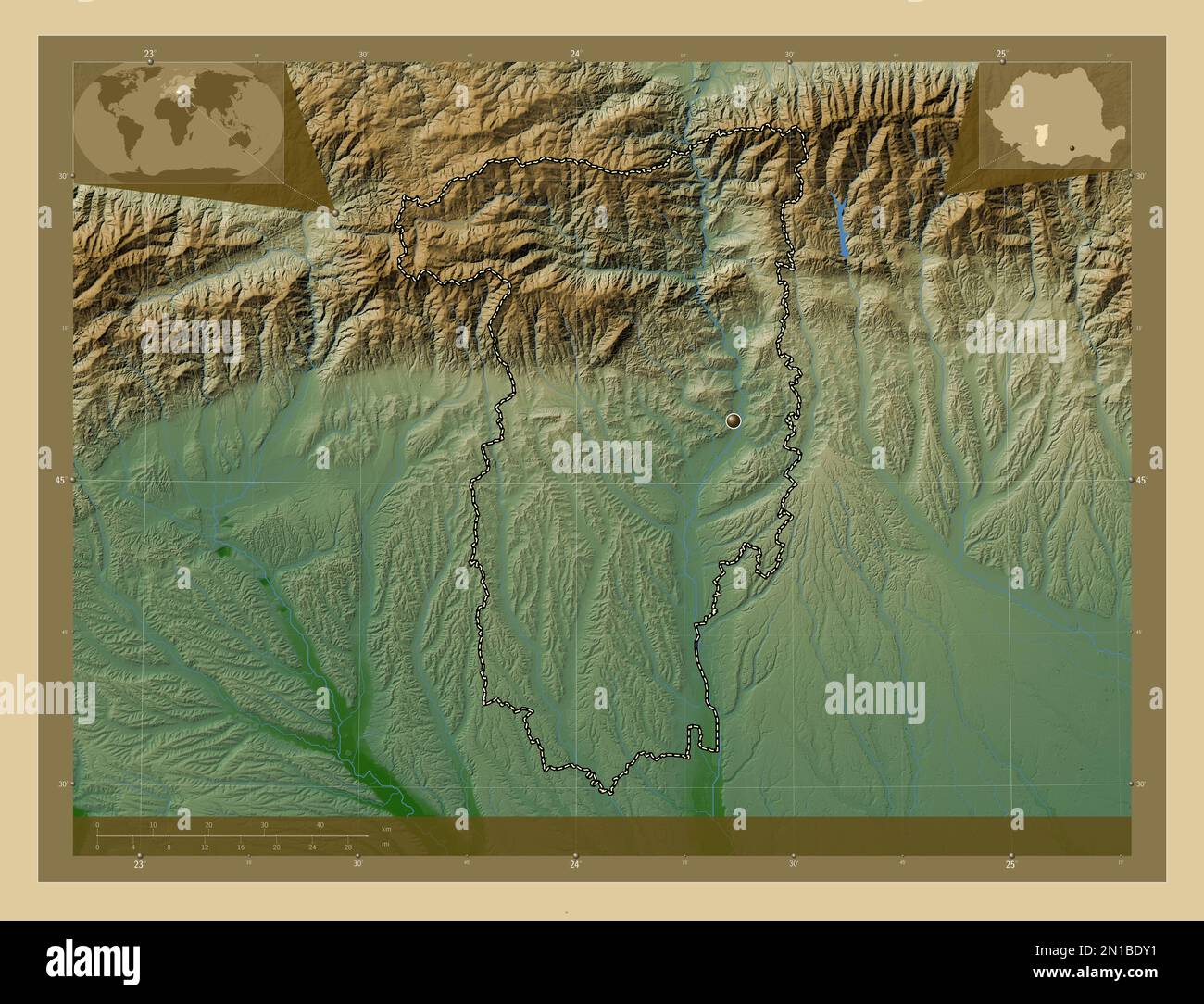 Valcea, county of Romania. Colored elevation map with lakes and rivers ...