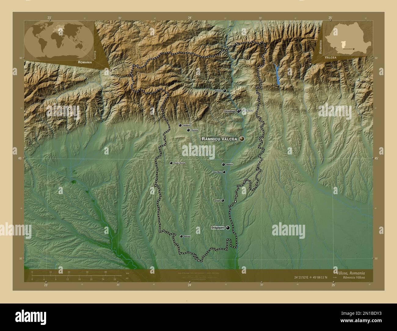 Valcea, county of Romania. Colored elevation map with lakes and rivers ...