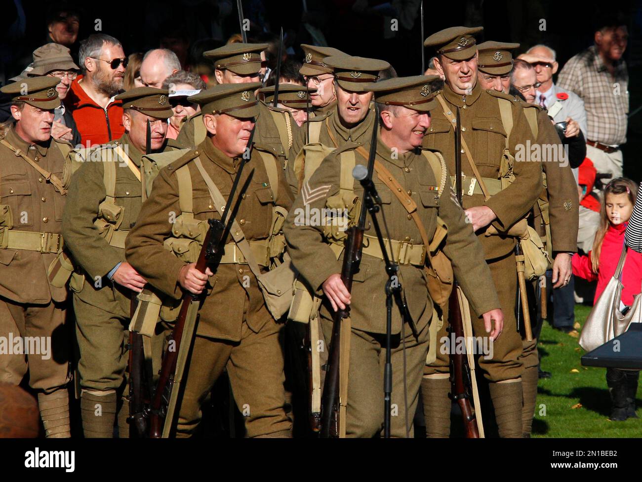 British Army officers dressed in WWI uniforms prepare, prior to a ...