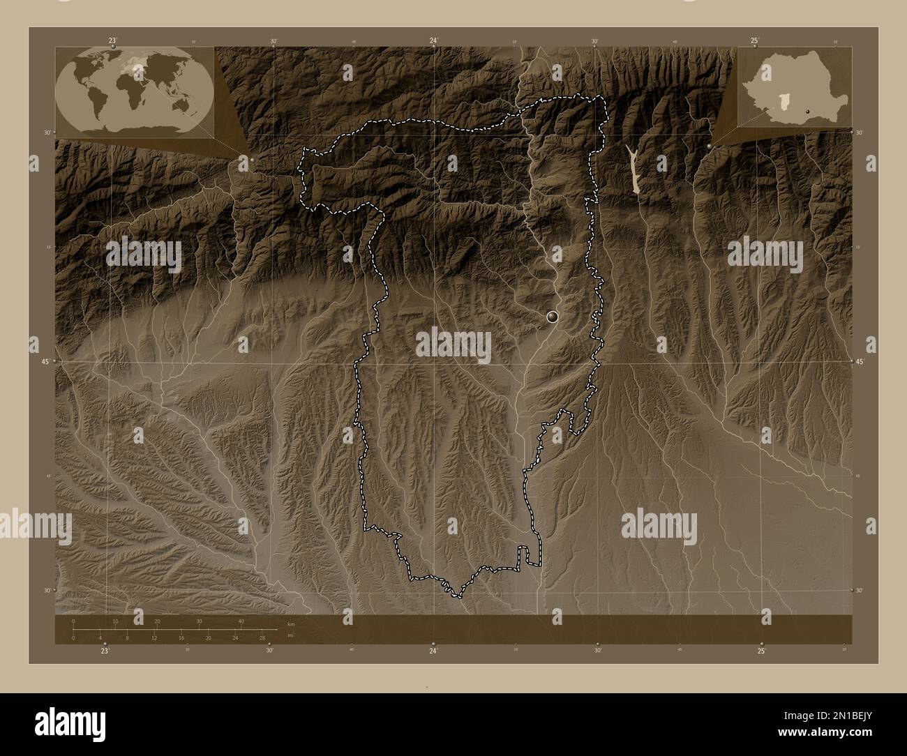 Valcea, county of Romania. Elevation map colored in sepia tones with ...
