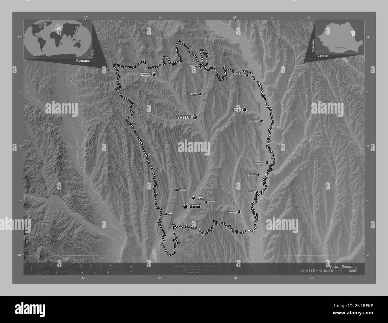 Vaslui, county of Romania. Grayscale elevation map with lakes and ...